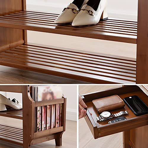 Gdrasuya10 Shoe Rack Bench Freestanding Shoe Rack Boot Organizer with Baskets Drawers for Hallway Entryway Living Room, 2-Tier Bamboo Cushion Storage Shoe Shelf