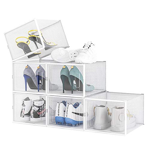 ACHub XL Stackable Shoe Box - Ventilated, Transparent Shoe Storage & Shoe Organizer for Closet, Garage, Under bed & Entryway - 6 Pack Collapsible, X-Large Sneaker Storage - White