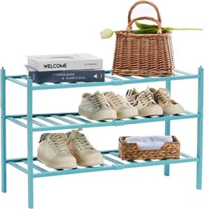 quiseolu bamboo shoe rack 3 tier stackable shoe shelf 1 + 2 tier small shoe racks diy free standing shoe stand for closet entryway bedroom floor dorm green shoe organizer d11 * w27.2 * h18.3 inches