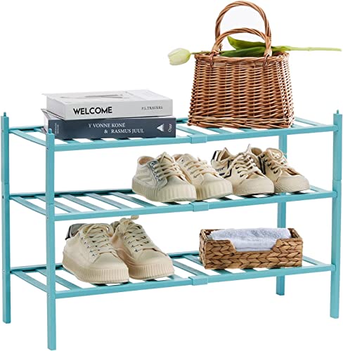 quiseolu Bamboo Shoe Rack 3 Tier Stackable Shoe Shelf 1 + 2 Tier Small Shoe Racks DIY Free Standing Shoe Stand for Closet Entryway Bedroom Floor Dorm Green Shoe Organizer D11 * W27.2 * H18.3 Inches