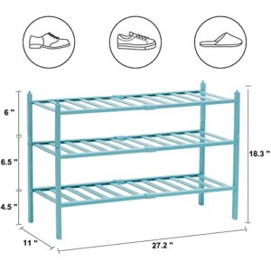 quiseolu Bamboo Shoe Rack 3 Tier Stackable Shoe Shelf 1 + 2 Tier Small Shoe Racks DIY Free Standing Shoe Stand for Closet Entryway Bedroom Floor Dorm Green Shoe Organizer D11 * W27.2 * H18.3 Inches