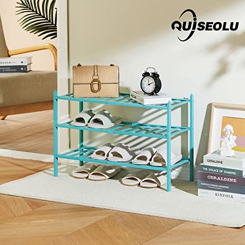 quiseolu Bamboo Shoe Rack 3 Tier Stackable Shoe Shelf 1 + 2 Tier Small Shoe Racks DIY Free Standing Shoe Stand for Closet Entryway Bedroom Floor Dorm Green Shoe Organizer D11 * W27.2 * H18.3 Inches