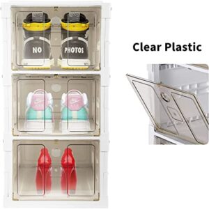 Shoe Storage Boxes Clear Plastic Folding Shoe Box Storage Containers, 3 Layers Shoe Box Organizer for Women Men Plastic Dustproof for Sneaker, Heel, Sandal, White