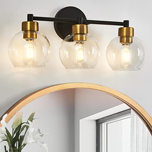 yenlacy Bathroom Light Fixtures, Black and Gold 3 Light Bathroom Vanity Light, Bathroom Lights Over Mirror with Globe Glass Shade and Metal Base, Vanity Lights for Bathroom, Stairs, Kitchen