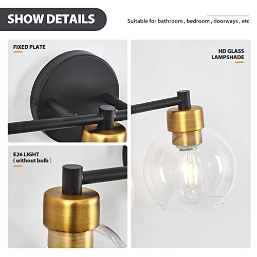 yenlacy Bathroom Light Fixtures, Black and Gold 3 Light Bathroom Vanity Light, Bathroom Lights Over Mirror with Globe Glass Shade and Metal Base, Vanity Lights for Bathroom, Stairs, Kitchen