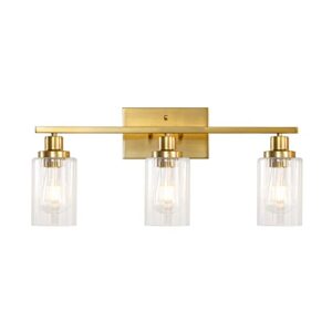 jonsi gold bathroom light fixtures, 3 light brushed gold bathroom vanity lights with fluted glass shade, modern gold bathroom lights over mirror, vanity lighting fixtures, 23.5" w x 10.7" h