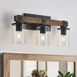 drnanlit wood vanity lights,3-light farmhouse bathroom lighting fixtures with clear glass shade,industrial vintage rustic wall lamp for bedroom,living room,hallway (3-light, antique wood)