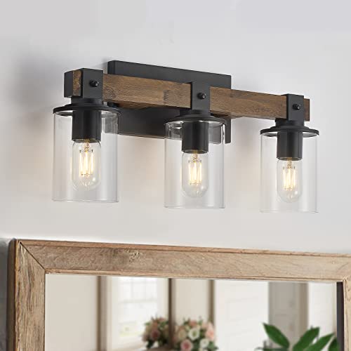 DRNANLIT Wood Vanity Lights,3-Light Farmhouse Bathroom Lighting Fixtures with Clear Glass Shade,Industrial Vintage Rustic Wall Lamp for Bedroom,Living Room,Hallway (3-Light, Antique Wood)