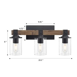 DRNANLIT Wood Vanity Lights,3-Light Farmhouse Bathroom Lighting Fixtures with Clear Glass Shade,Industrial Vintage Rustic Wall Lamp for Bedroom,Living Room,Hallway (3-Light, Antique Wood)