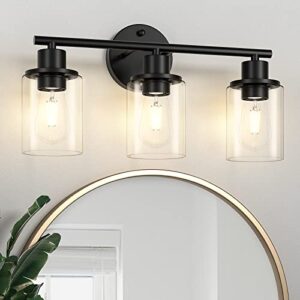 licperron 3-light bathroom wall light fixtures, black vanity light with clear glass shade, modern bathroom vanity light over mirror, farmhouse wall sconces lighting for bedroom hallway living room