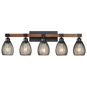 mzmhd 5-light farmhouse bathroom light fixtures,rustic wood cage vanity lights,industrial black wall sconce lighting over mirror,hallway,bedroom