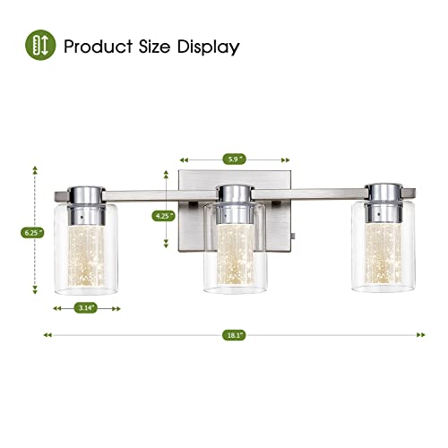 Zhizenl Bathroom Light Fixtures, Brushed Nickel 3 Light Bathroom Vanity Light Over Mirror, Modern Crystal Dimmable LED Vanity Lights with Clear Glass Shade for Bedroom Living Room