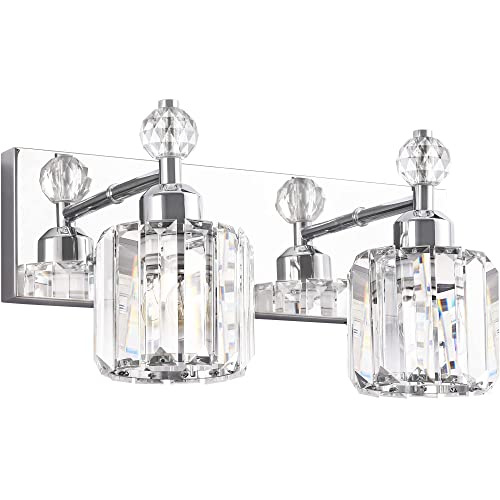 PRESDE Modern Crystal Chrome 2 Light Bathroom Vanity Light for Bathroom Lighting Fixtures Over Mirror Wall Sconce