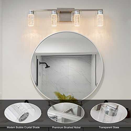 SineRise 4-Light Brushed Nickel Vanity Light with 3 Color Modes (3000K/4000K/6500K), Eye Protection LED Bathroom Light Fixture, Dimmable Modern Wall Light Over Mirror with Clear Glass Shades