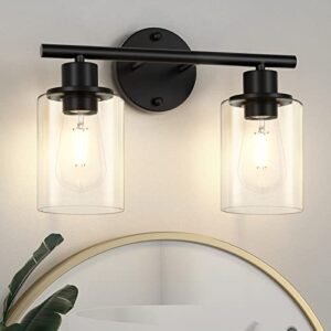 licperron 2-light bathroom vanity light fixtures, modern black bathroom vanity lights over mirror with clear glass shade, industrial wall mounted sconces lighting for bedroom hallway