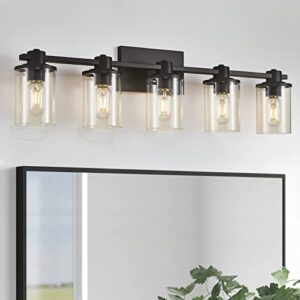 xgfourseven 5-light modern bathroom vanity lights,industrial matte black bathroom light fixtures with clear glass, vanity lights fixture for bathroom, living room, mirror,hallway