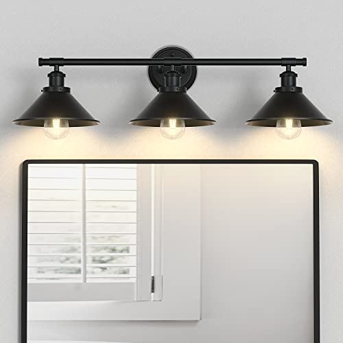 Licperron 3-Light Black Bathroom Vanity Light Fixtures Over Mirror, Farmhouse Vanity Wall Sconce Lighting with Metal Shade, Indoor Wall Mounted Lamp for Bathroom Mirror Cabinet Living Room