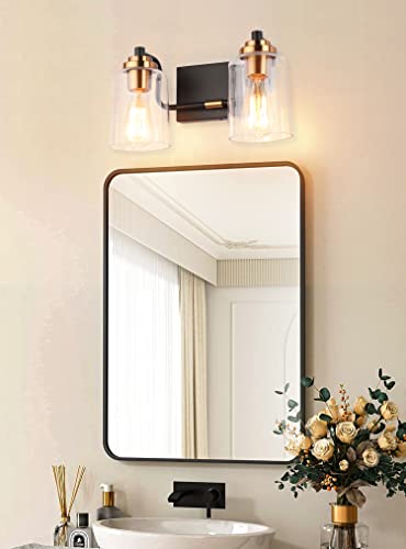 SOLFART Vintage Wall Bathroom Vanity Light Black Metal with Clear Glass Bronze Fixtures Wall Mount Lighting Sconce (2 Lights)