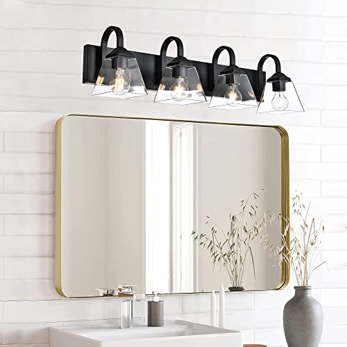 TULUCE Bathroom Vanity Light Fixtures Over Mirror,Modern 4 Lights Bath Vanity Lighting Matte Black Indoor Wall Light Fixture with Clear Glass Shade for Bathroom Cabinets Dressing Table