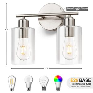 SEABLE Bathroom Vanity Light Brushed Nickel 2 Light Bathroom Light Fixtures with Clear Glass Shade Modern Wall Sconces Bathroom Lights Over Mirror UL Listed