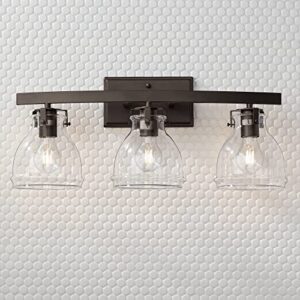 possini euro design bellis modern industrial wall light bronze brown hardwired 23 1/2" 3-light fixture clear curving glass shade for bedroom bedside bathroom vanity living room hallway dining house