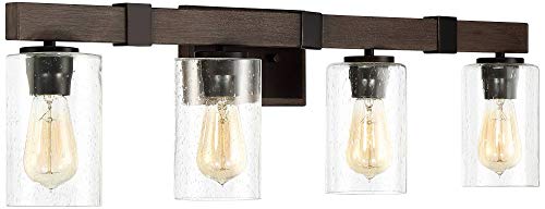 Franklin Iron Works Poetry Industrial Farmhouse Rustic Wall Light Bronze Wood Grain Hardwired 34" 4-Light Fixture Clear Seedy Glass Shade for Bedroom Bedside Bathroom Vanity Living Room Hallway