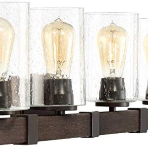 Franklin Iron Works Poetry Industrial Farmhouse Rustic Wall Light Bronze Wood Grain Hardwired 34" 4-Light Fixture Clear Seedy Glass Shade for Bedroom Bedside Bathroom Vanity Living Room Hallway