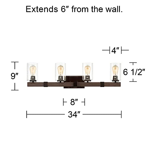 Franklin Iron Works Poetry Industrial Farmhouse Rustic Wall Light Bronze Wood Grain Hardwired 34" 4-Light Fixture Clear Seedy Glass Shade for Bedroom Bedside Bathroom Vanity Living Room Hallway