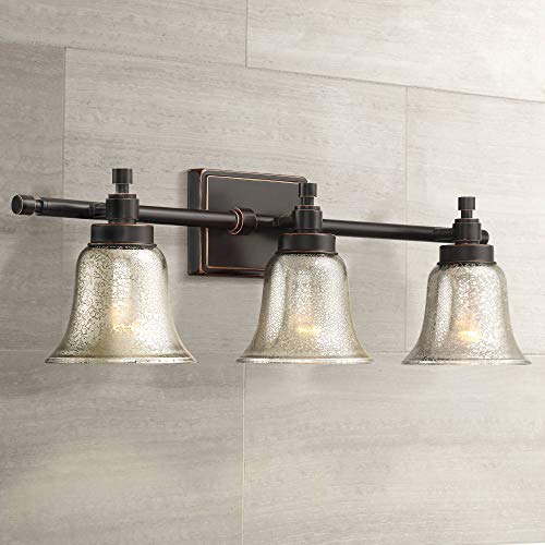 Possini Euro Design Varra Antique Wall Mount Light Antique Silver Bronze Metal Hardwired 26 1/2" Wide 3-Light Fixture Bell Mercury Glass Shades for Bathroom Vanity Mirror House Home Room Decor