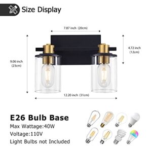 stambord 2 Light Bathroom Vanity Light, Black and Gold Bathroom Light Fixtures, Sconces Wall Lighting with Glass Shade, Modern Farmhouse Vanity Lighting fixtures for Bathroom, Bedroom, Hallway