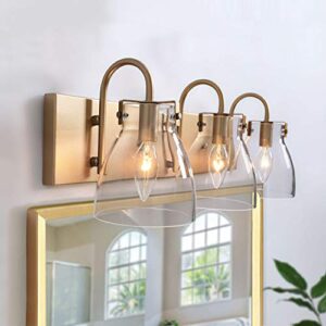 ksana 3-light modern vanity light fixture, brass bathroom lighting with clear glass shades, 22” l