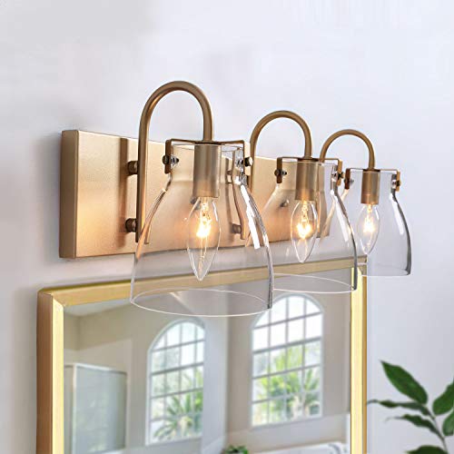 KSANA 3-Light Modern Vanity Light Fixture, Brass Bathroom Lighting with Clear Glass Shades, 22” L