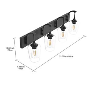 Ralbay Matte Black Bathroom Light Fixtures 4-Lights Industrial Black Vanity Lights Clear Glass Vintage Edison Matte Black Wall Lamp Light Fixture for Bathroom