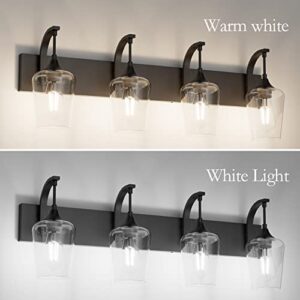 Ralbay Matte Black Bathroom Light Fixtures 4-Lights Industrial Black Vanity Lights Clear Glass Vintage Edison Matte Black Wall Lamp Light Fixture for Bathroom