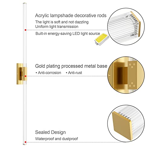 Ralbay 59inch Gold Bathroom Vanity Lights Fixtures Over Long Mirror Modern LED Bathroom Wall Lighting Bar Acrylic Gold Vanity Light Fixtures 42W 5500K White Light