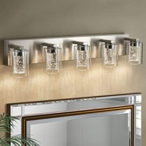 bathroom light fixtures, 5 light brushed nickel bathroom vanity light, crystal bubble glass with dimmable 3-color lights, modern bathroom wall sconce for bathroom hallway kitchen bedroom living room