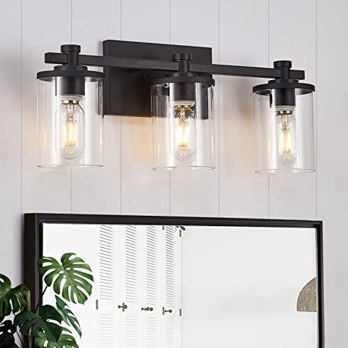 diniluse Bathroom Vanity Light 3-Light, Black Bathroom Light Fixtures with Clear Glass Shade, Vintage Bathroom Vanity Lights, Modern Wall Sconce for Bathroom, Living Room, Hallway, Bedroom