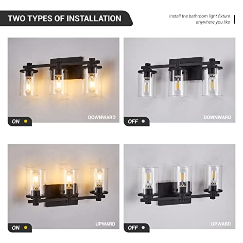 diniluse Bathroom Vanity Light 3-Light, Black Bathroom Light Fixtures with Clear Glass Shade, Vintage Bathroom Vanity Lights, Modern Wall Sconce for Bathroom, Living Room, Hallway, Bedroom