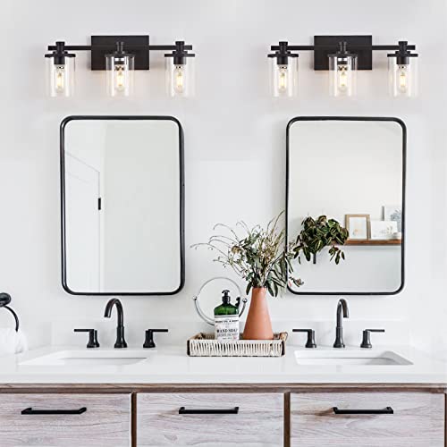 diniluse Bathroom Vanity Light 3-Light, Black Bathroom Light Fixtures with Clear Glass Shade, Vintage Bathroom Vanity Lights, Modern Wall Sconce for Bathroom, Living Room, Hallway, Bedroom