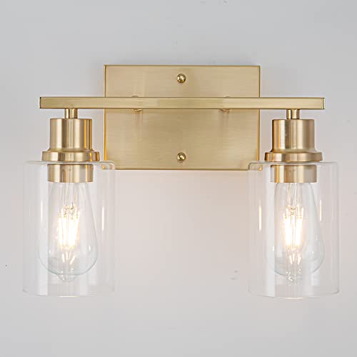 EMONG Gold Bathroom Light Fixtures,2-Lights Brushed Brass Vanity Light with Clear Glass Shade,Modern Wall Sconces for Hallway, Farmhouse,Living Room