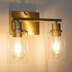 EMONG Gold Bathroom Light Fixtures,2-Lights Brushed Brass Vanity Light with Clear Glass Shade,Modern Wall Sconces for Hallway, Farmhouse,Living Room