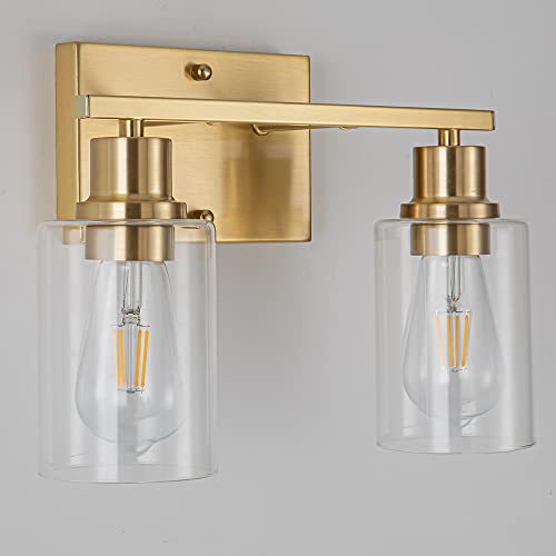 EMONG Gold Bathroom Light Fixtures,2-Lights Brushed Brass Vanity Light with Clear Glass Shade,Modern Wall Sconces for Hallway, Farmhouse,Living Room