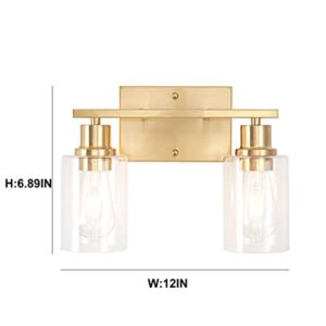 EMONG Gold Bathroom Light Fixtures,2-Lights Brushed Brass Vanity Light with Clear Glass Shade,Modern Wall Sconces for Hallway, Farmhouse,Living Room