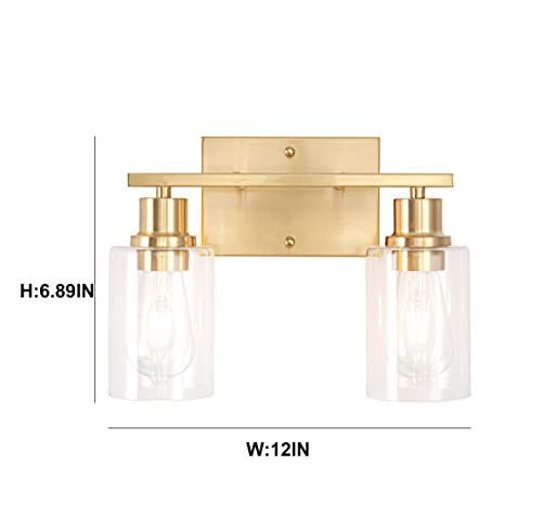 EMONG Gold Bathroom Light Fixtures,2-Lights Brushed Brass Vanity Light with Clear Glass Shade,Modern Wall Sconces for Hallway, Farmhouse,Living Room