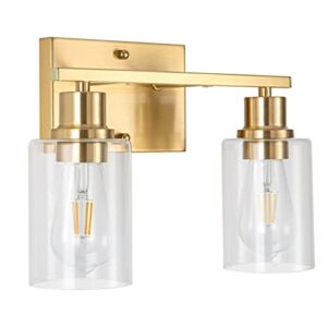 EMONG Gold Bathroom Light Fixtures,2-Lights Brushed Brass Vanity Light with Clear Glass Shade,Modern Wall Sconces for Hallway, Farmhouse,Living Room