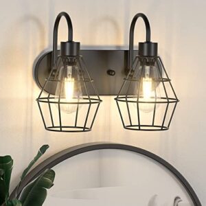 elibbren bathroom vanity light fixtures, 2-light bathroom lighting fixtures over mirror with cage, e26 base black farmhouse wall sconces for bedroom living room, ul listed