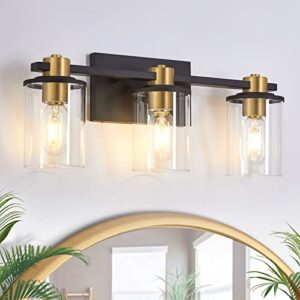 stambord 3 light bathroom vanity light, black and gold bathroom light fixtures, sconces wall lighting with glass shade, modern brushed gold vanity lights for bathroom, bedroom, hallway