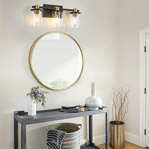 stambord 3 Light Bathroom Vanity Light, Black and Gold Bathroom Light Fixtures, Sconces Wall Lighting with Glass Shade, Modern Brushed Gold Vanity Lights for Bathroom, Bedroom, Hallway