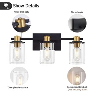 stambord 3 Light Bathroom Vanity Light, Black and Gold Bathroom Light Fixtures, Sconces Wall Lighting with Glass Shade, Modern Brushed Gold Vanity Lights for Bathroom, Bedroom, Hallway