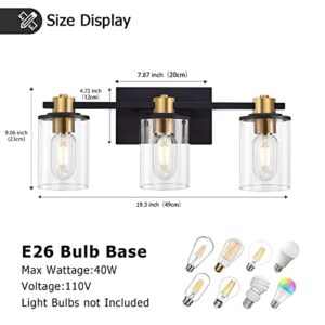 stambord 3 Light Bathroom Vanity Light, Black and Gold Bathroom Light Fixtures, Sconces Wall Lighting with Glass Shade, Modern Brushed Gold Vanity Lights for Bathroom, Bedroom, Hallway